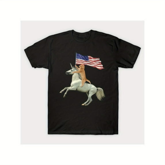 Cat Riding Unicorn with USA Flag Graphic Shirt Patriotic Fantasy Style ...