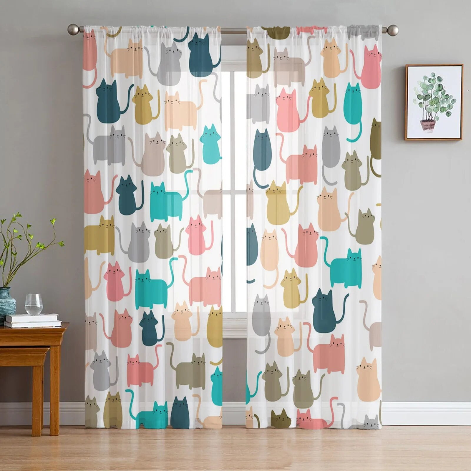 Cat Roof Kitten Night Moon Stars Tulle Sheer Curtains for Living Room ...