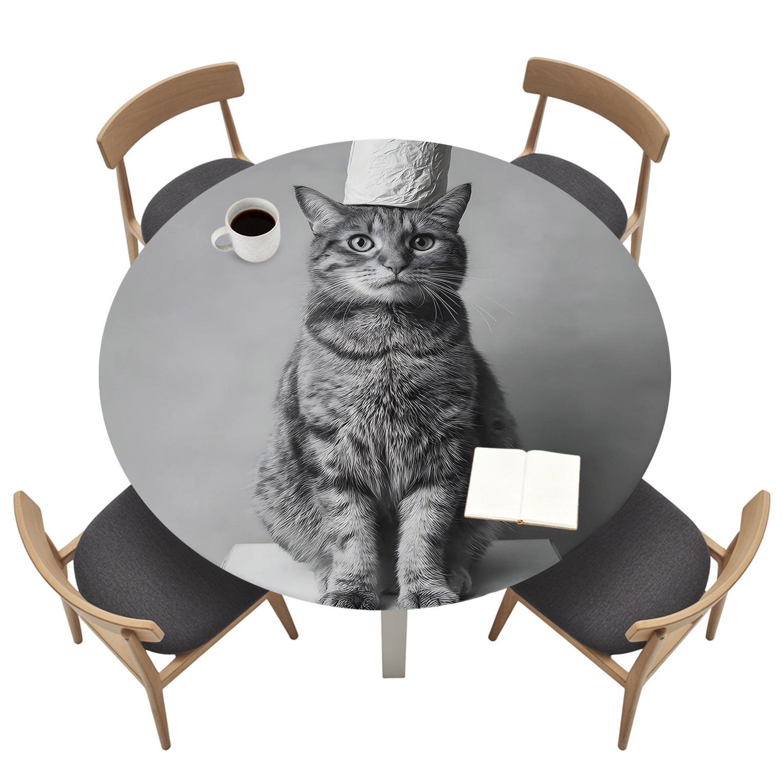Cat Round Fitted Table Cover Toilet Paper Funny Animal Waterproof Table ...