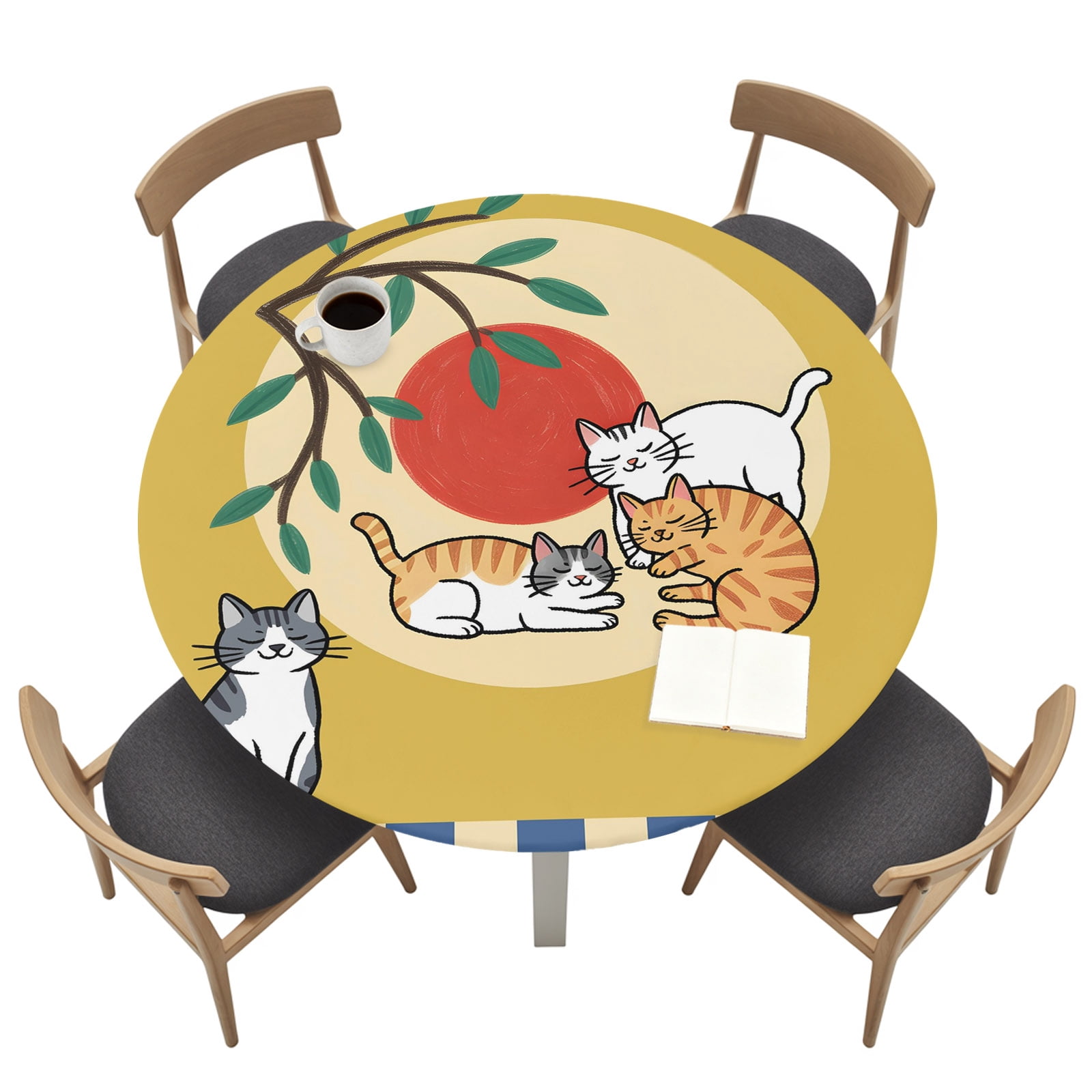 Cat Round Fitted Tablecloth with Elastic Edged, Leaf Japanese Style ...