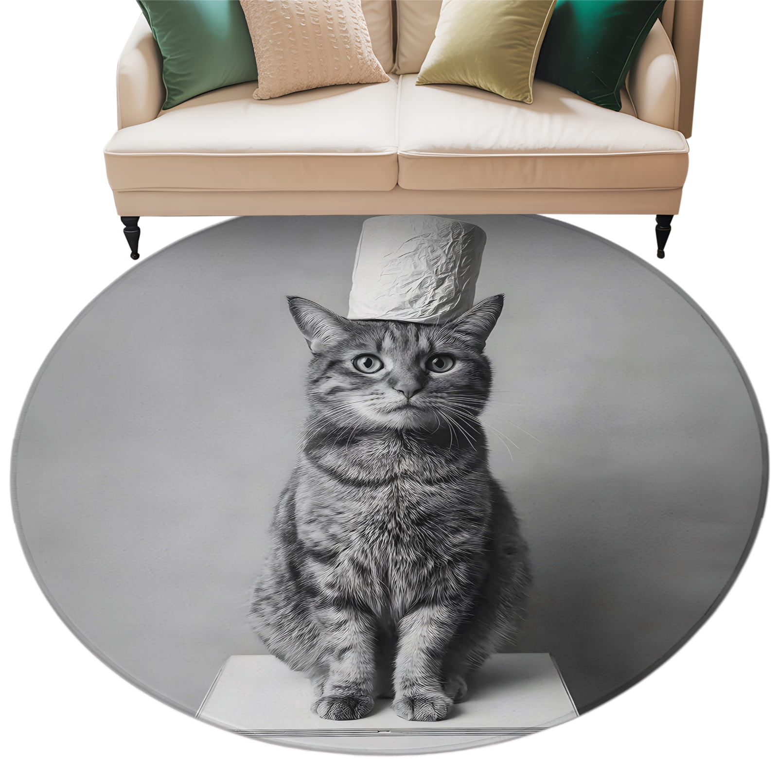 Cat Round Living Room Rugs 5 ft, Toilet Paper Funny Animal Washable ...