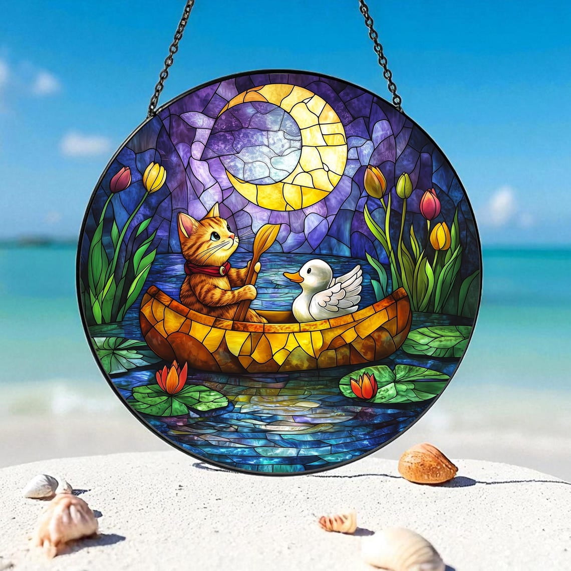 Cat Rowing With Duck Glass Suncatcher, Moonlight Lake Fantasy, 6.3 in ...