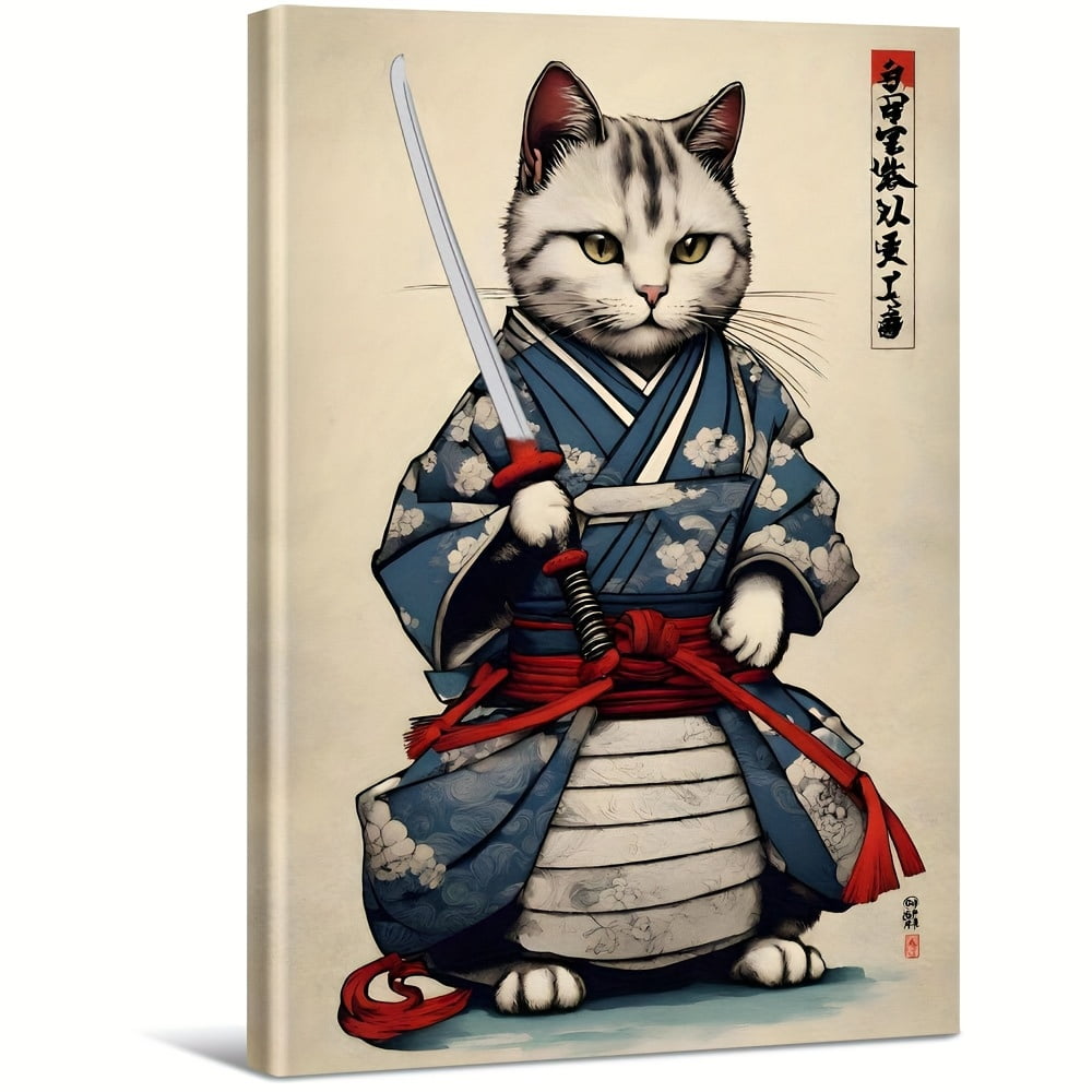 Cat In Samurai Armor With Katana Large Wooden Framed Wall Art Home ...