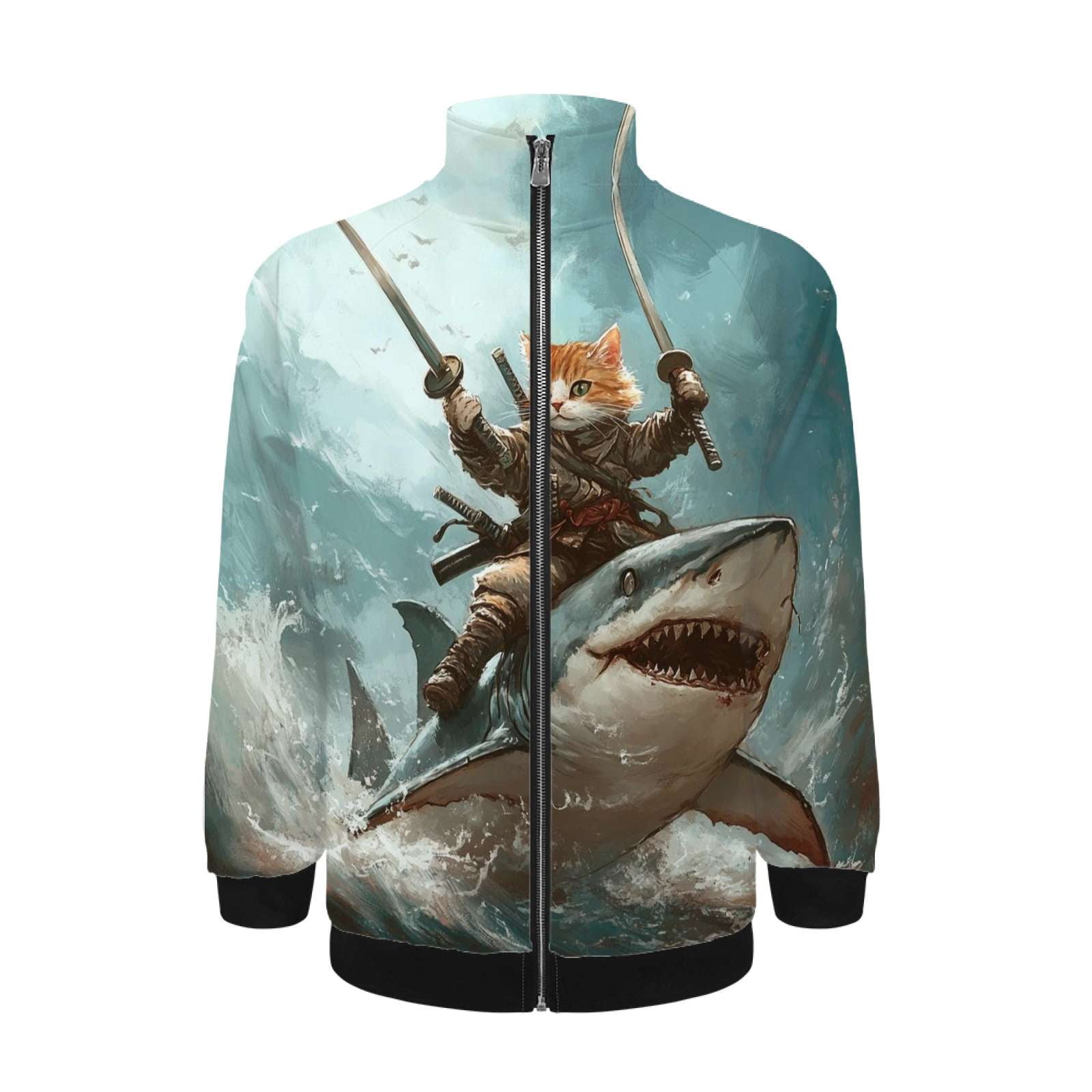 Cat Samurai Riding Shark Jacket Men's Street Cool Long Sleeves Coat ...