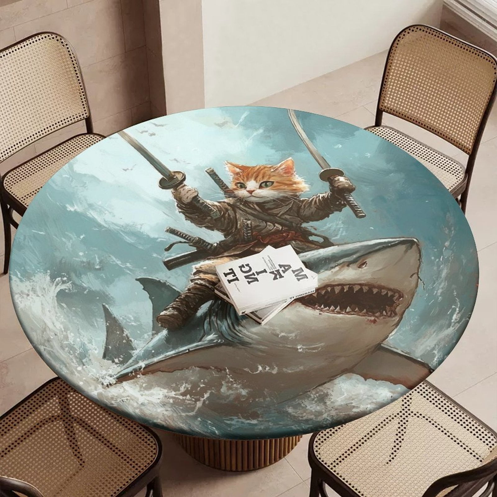 Cat Samurai Riding Shark Round Table Cover Kitchen Printed Waterproof ...