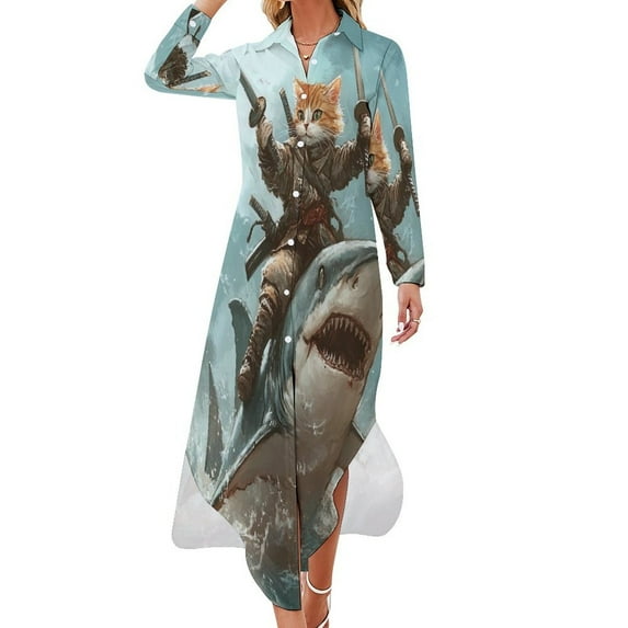 Cat Samurai Riding Shark Shirt Dress Long Sleeve Street Fashion V Neck ...