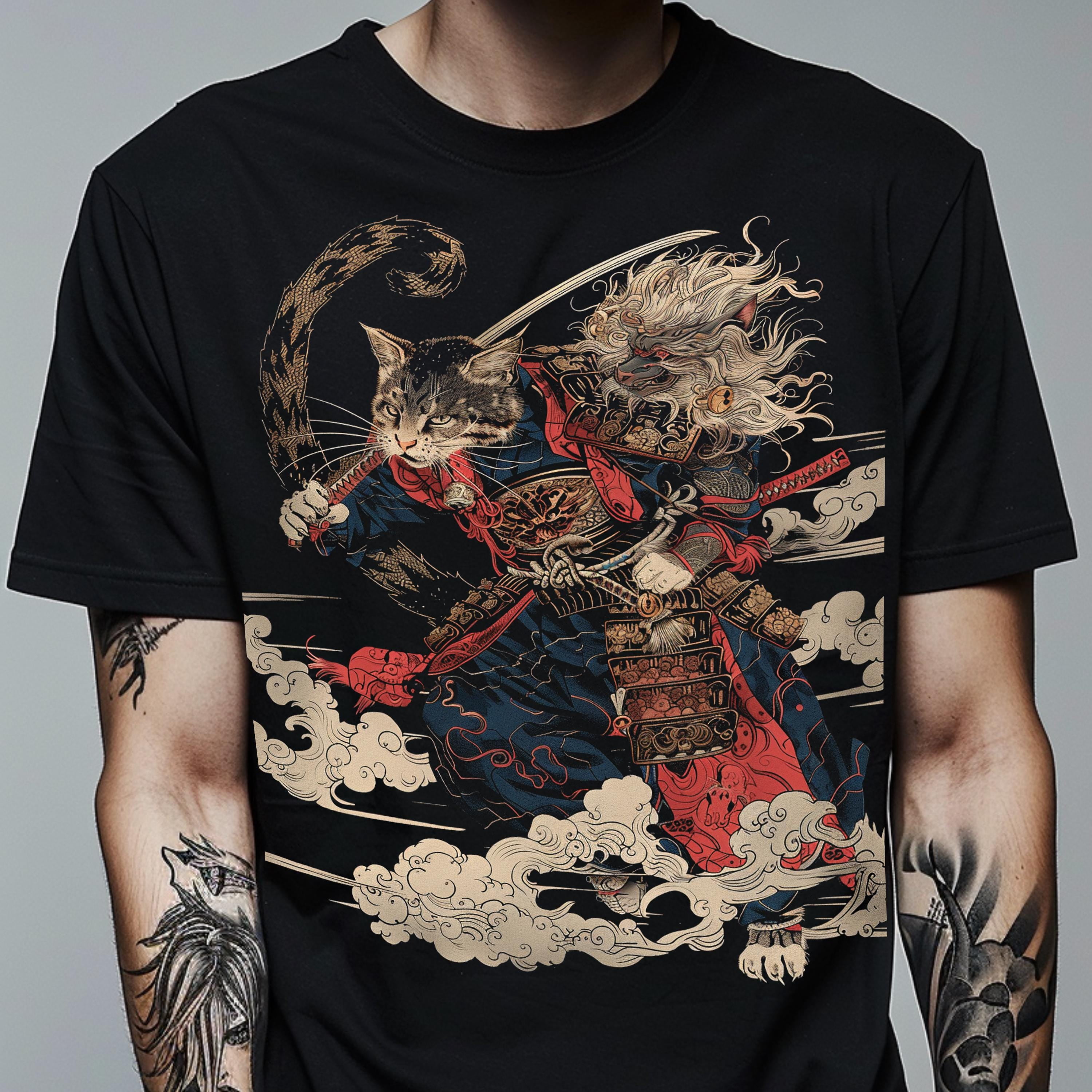 Cat Samurai T-shirt - Japanese Art Nouveau Graphic Shirt, Irezumi Ukiyo ...