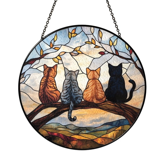 Cat Scene Glass Window Ornament with Three Feline Figures, Decorative ...
