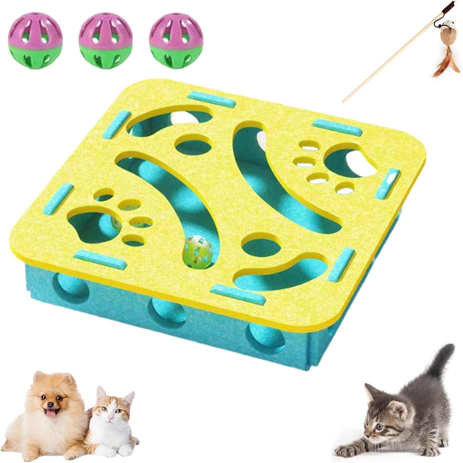 Cat Scratch Puzzle Enrichment Box with 3 Bell Balls and Cat Fun Stick ...