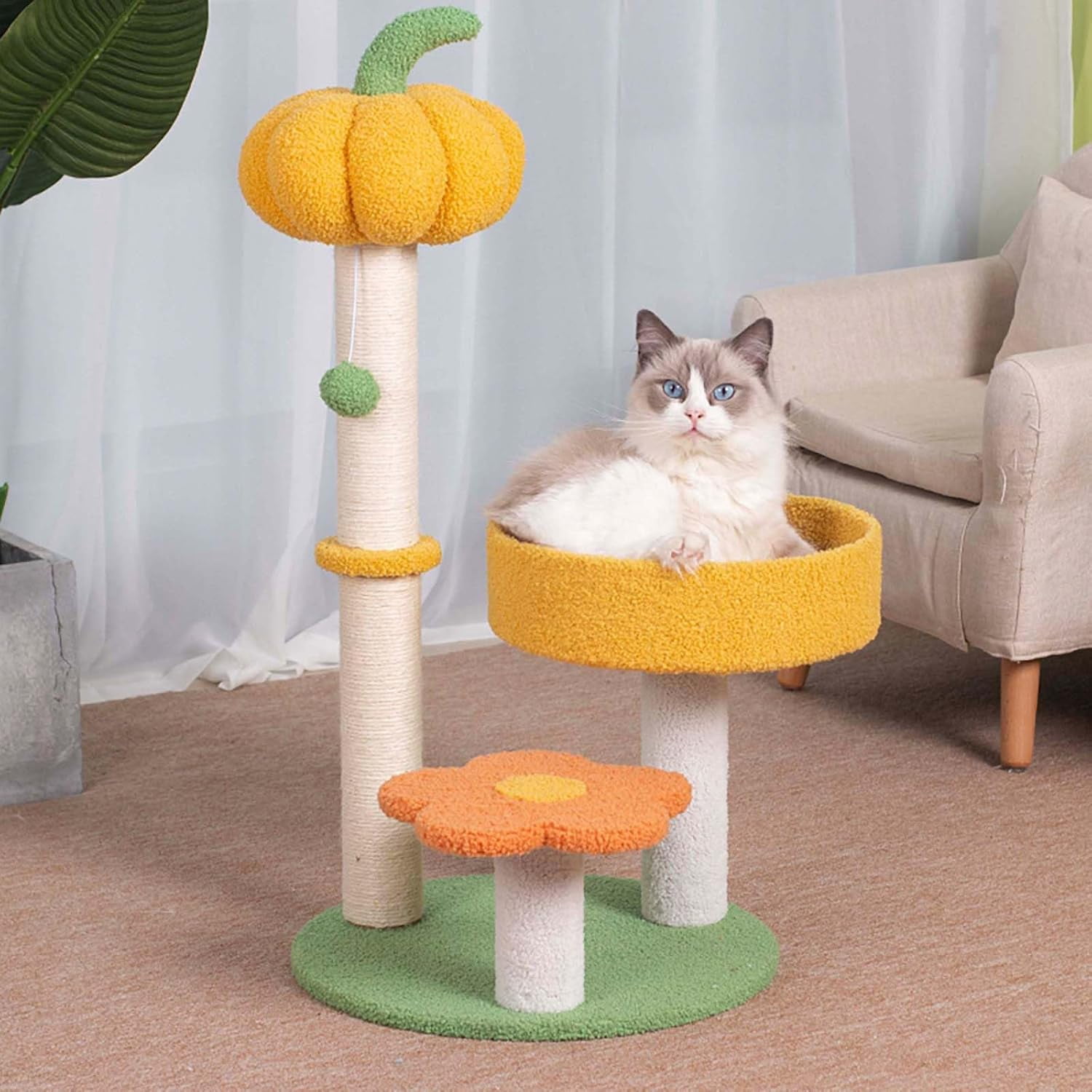 Cat Scratching Post, Cat Tree Tower Yellow Pumpkin Orange Flower Cat ...
