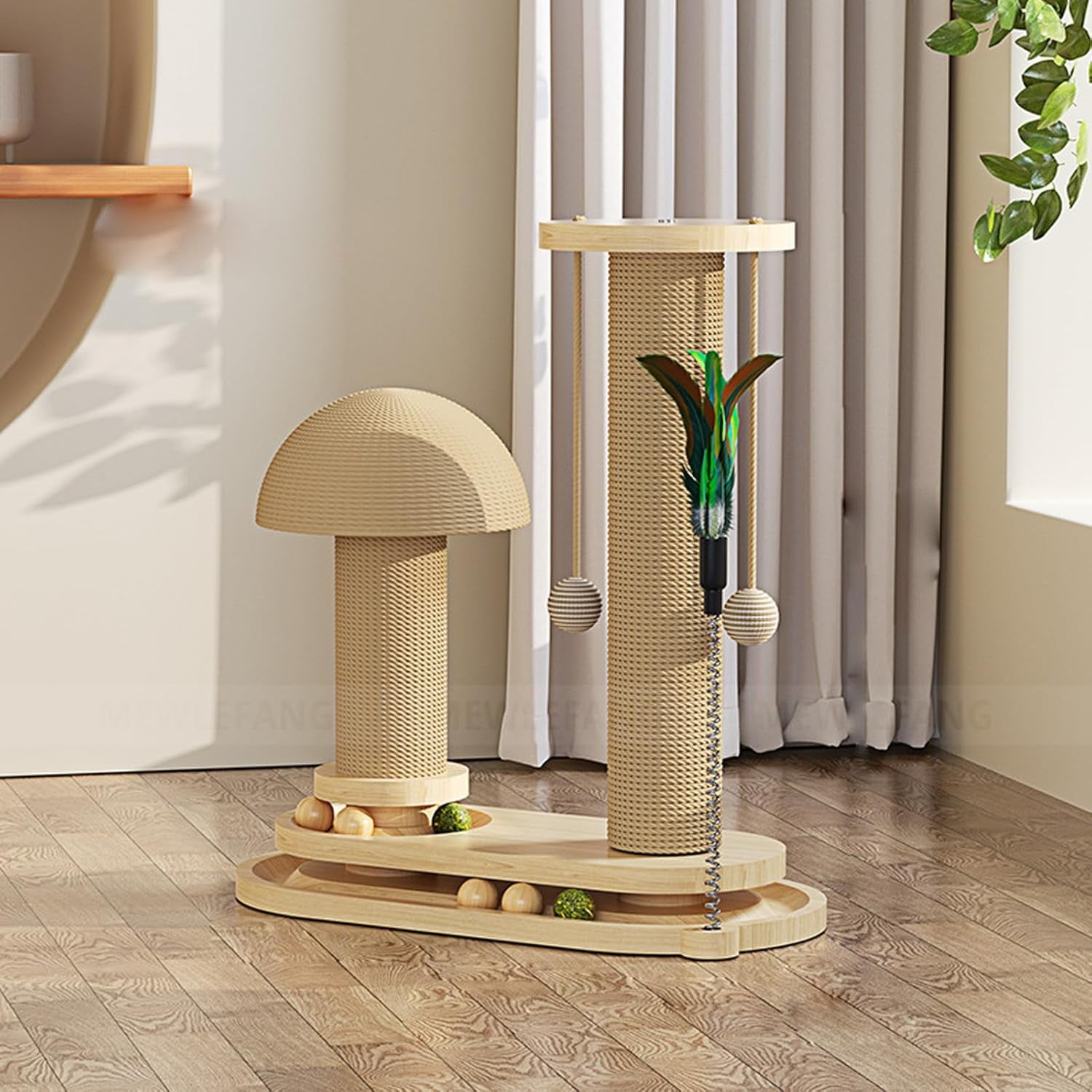 Cat Scratching Post Two-Layer with Wooden Ball Track & Dangling Modern ...