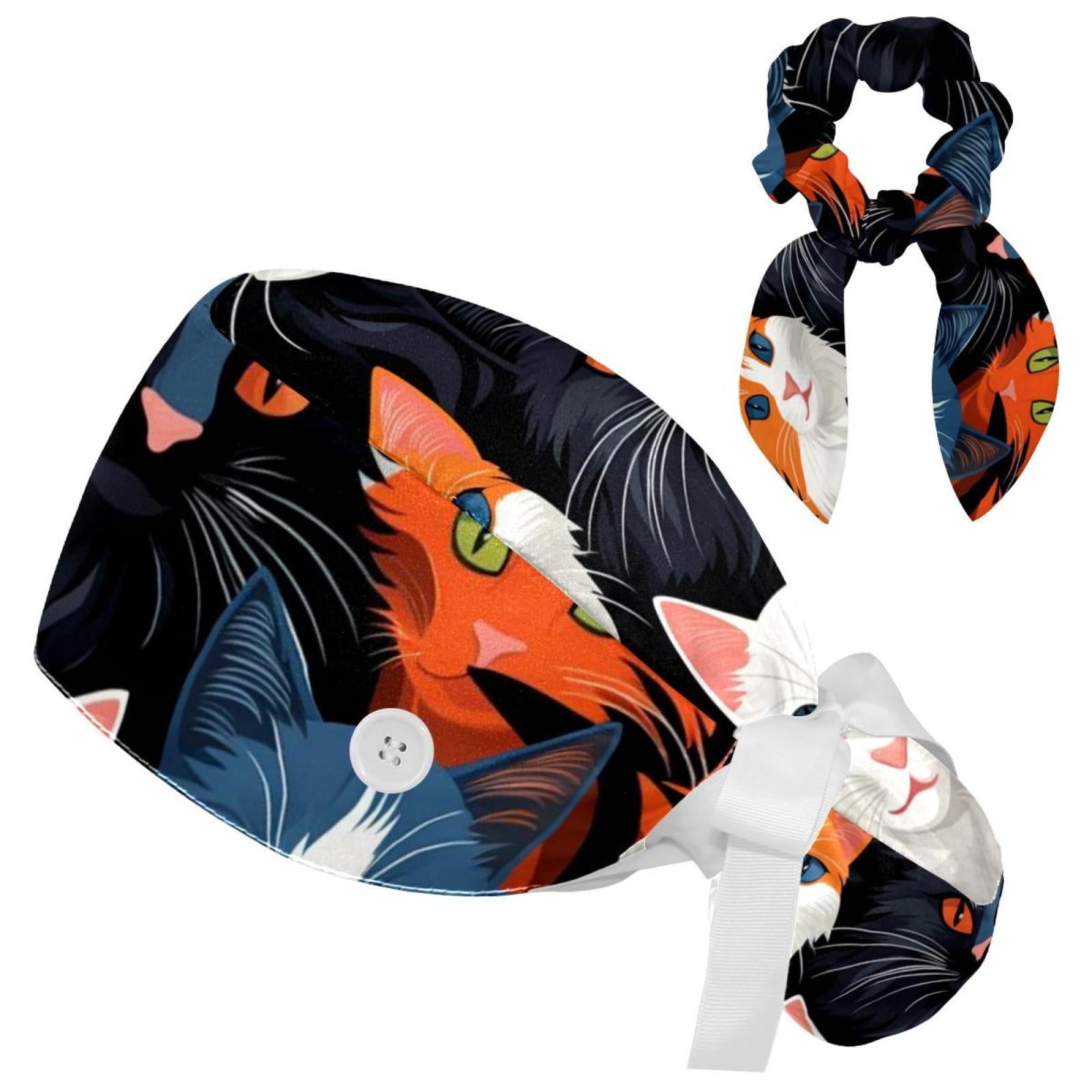 Cat Scrub Cap with Scrunchy and Buttons for Long Hair, Adjustable ...