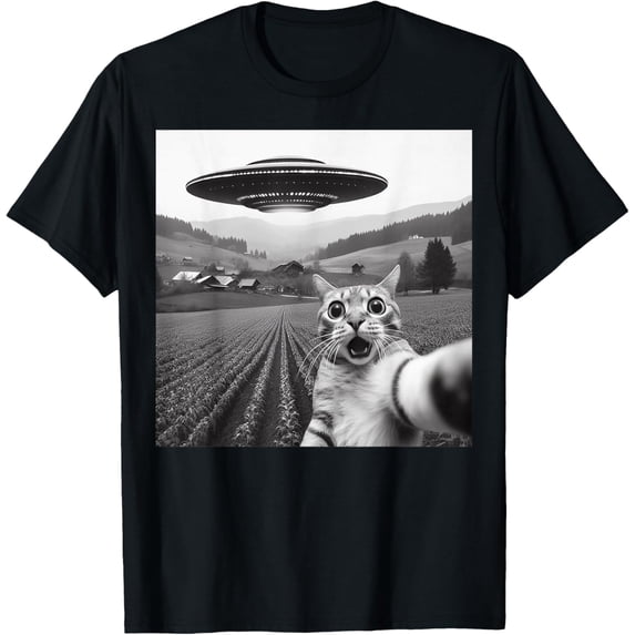 Cat Selfie with Alien UFO Funny Cat Gifts for Men Women Kid T-Shirt ...