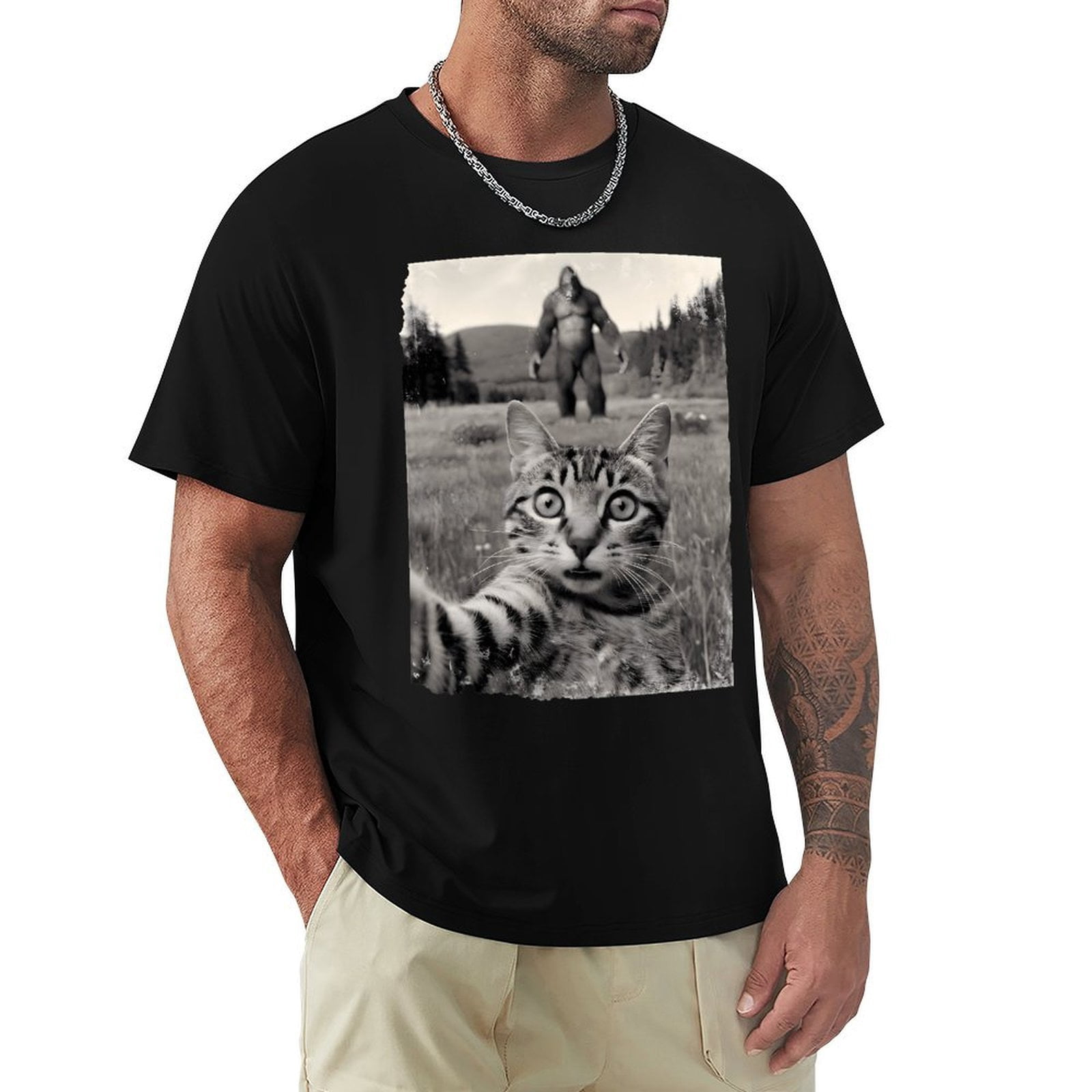Cat Selfie Men's HD Print Classic Short Sleeve T-Shirts Black XL ...