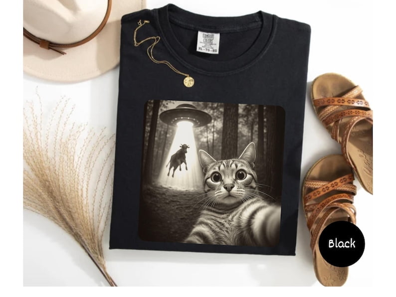 Cat Selfie UFO T-Shirt, Funny Alien Abduction Tee, Spooky Paranormal ...