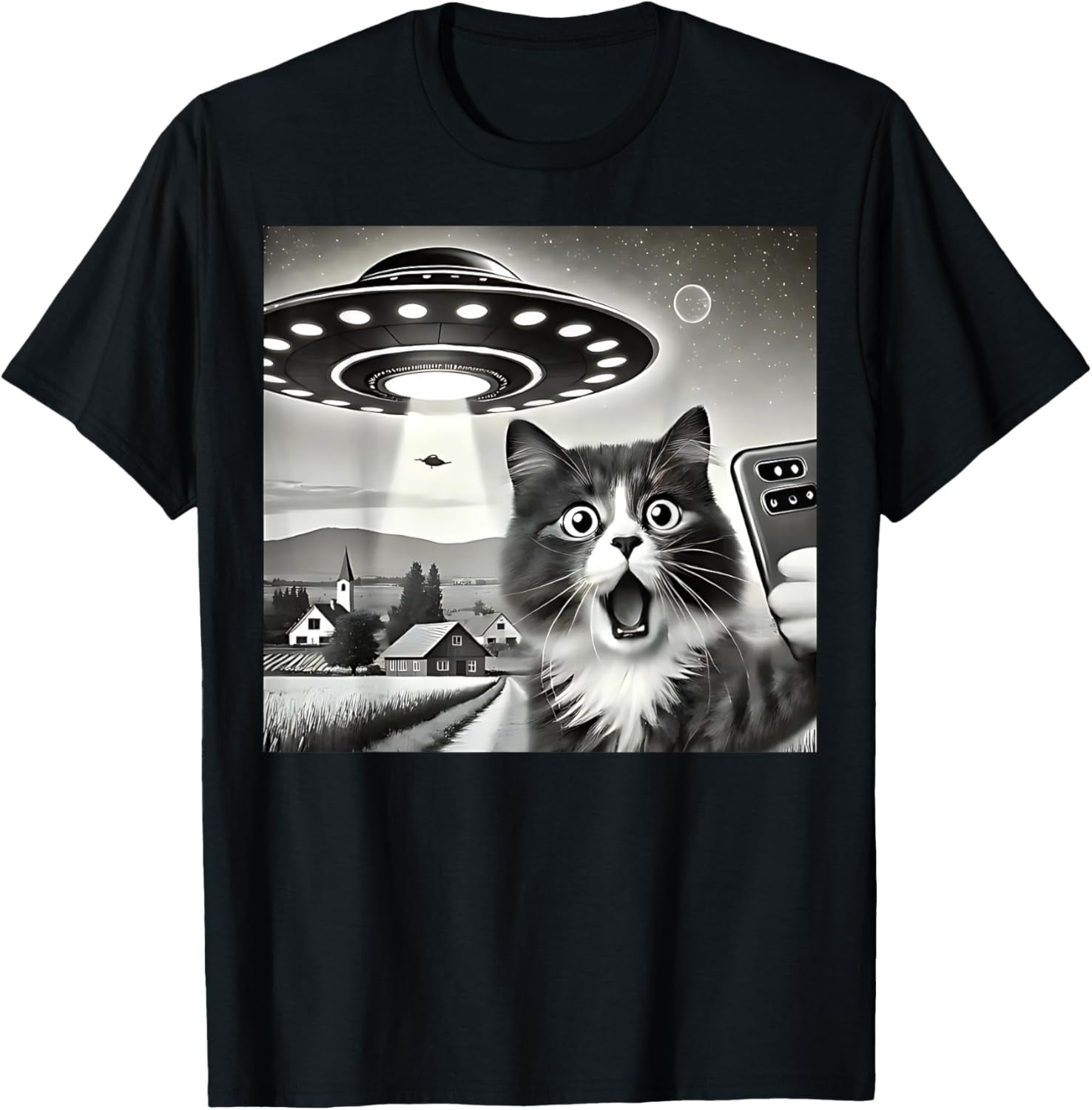 Cat Selfie With Alien UFO Funny Cat Gifts For Men Women Kid T-Shirt ...