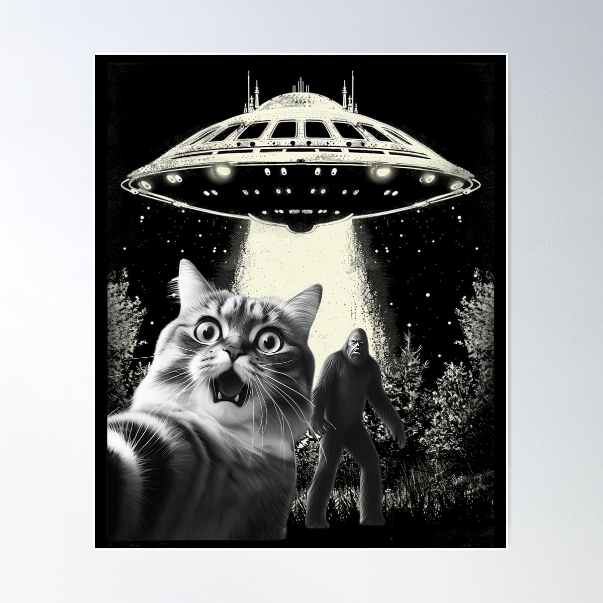 Cat Selfie With Alien Ufo Bigfoot Ape Funny Cat Meme Poster Wall Art ...