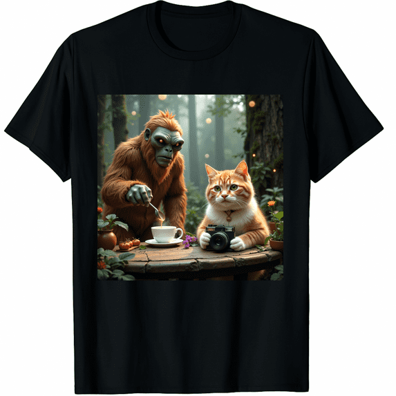 Cat Selfie With Bigfoot Alien Funny Gifts Graphic Black T-Shirt for Men ...