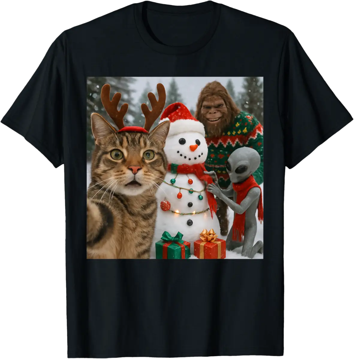 Cat Selfie With Bigfoot Alien & Snowman T-Shirt - Walmart.com