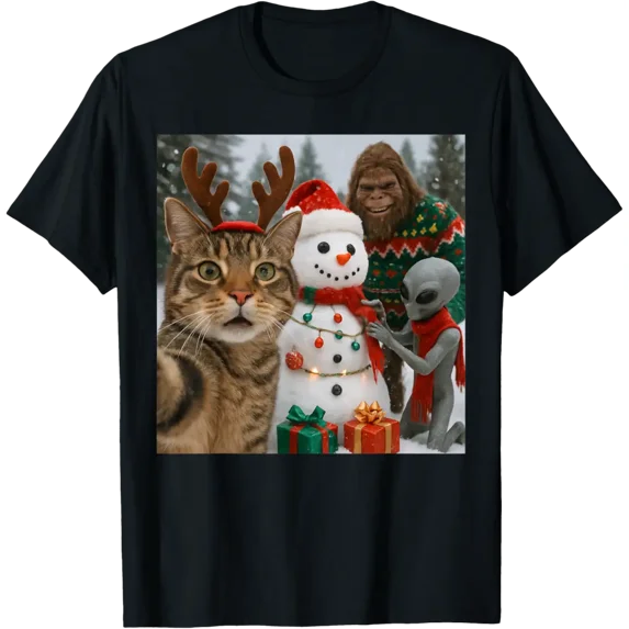 Cat Selfie With Bigfoot Alien & Snowman T-Shirt - Walmart.com