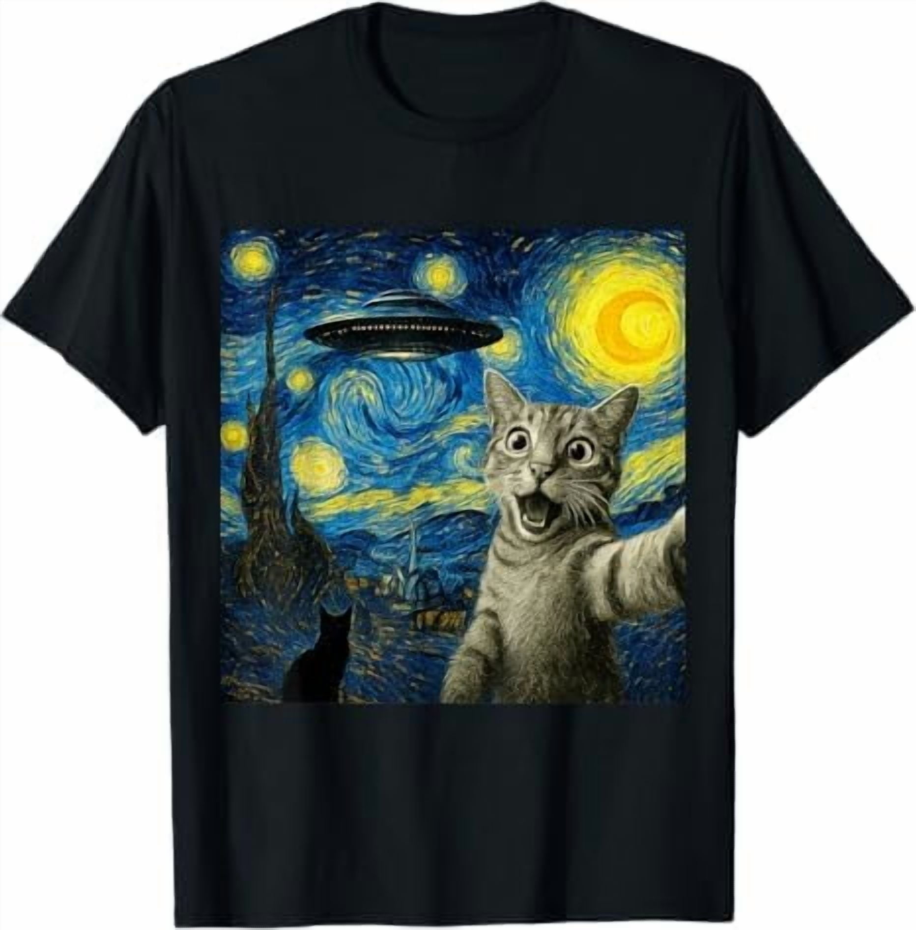 Cat Selfie with Alien UFO Starry Night Van Gogh Cat Lover Funny Gifts ...