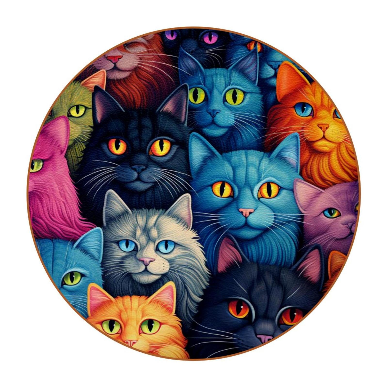 Cat Set of 6 Round Microfiber Leather Coasters, 11x11 cm Drink Coasters ...