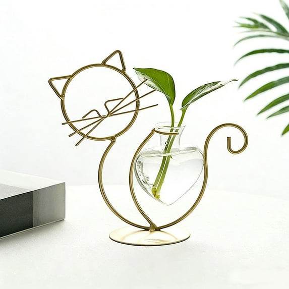 Cat Shaped Hydroponic Flower Vase, Iron Art Glass Planter for Tabletop ...