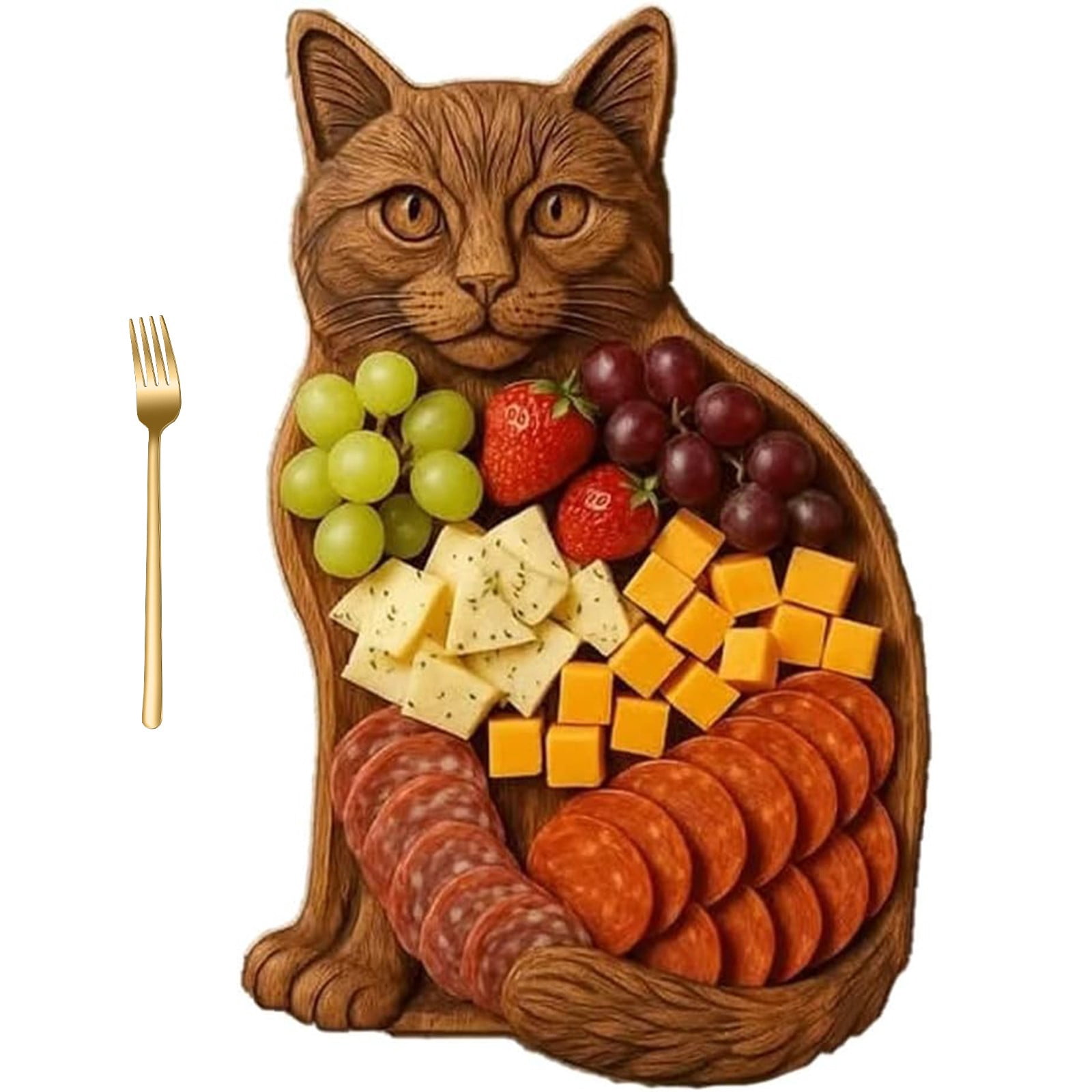 Cat-Shaped Wooden Cheese Board with Fork Unique Charcuterie Platter for ...