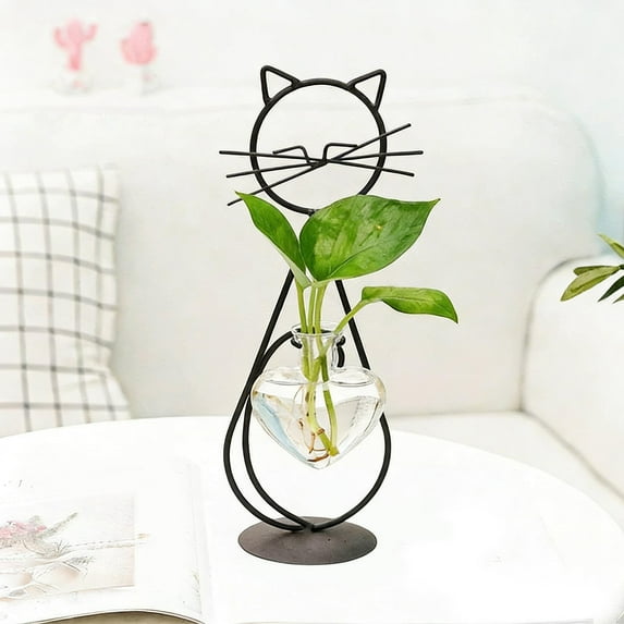 Cat-Shaped Wrought Iron Hydroponic Flower Vase and Planter, Detachable ...