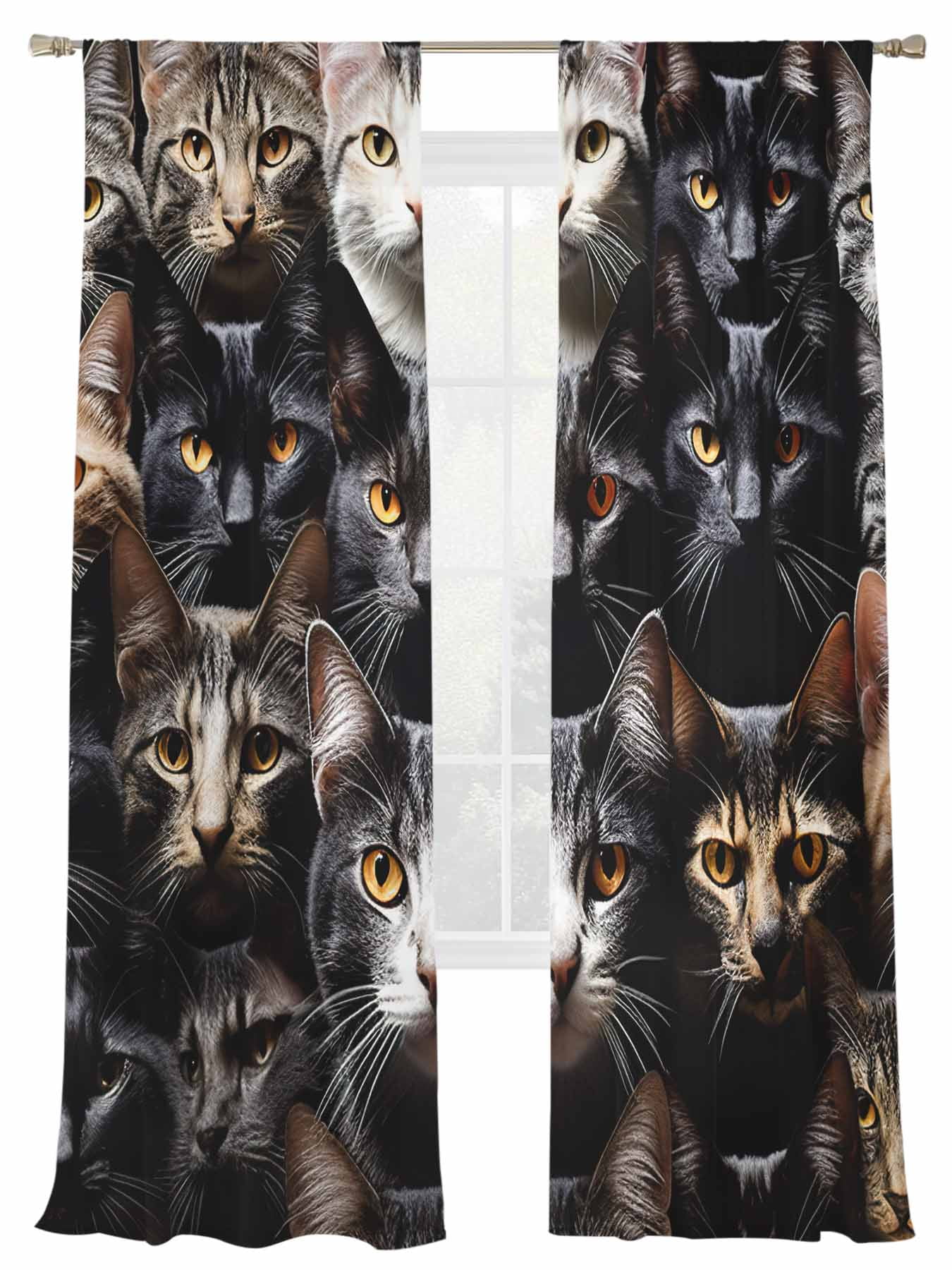 Cat Sheer Curtains 108 Inch Long 2 Panels, Pet Animal Cat Ears Eyes ...