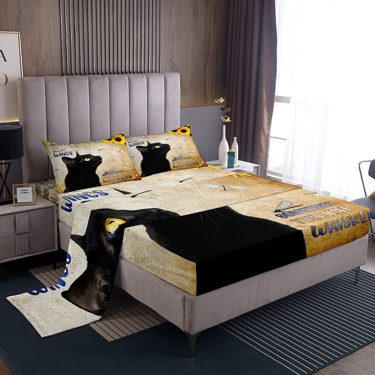 Cat Sheet Set Sunflower Black Cat Theme Bed Sheets Set, Vintage Gothic ...