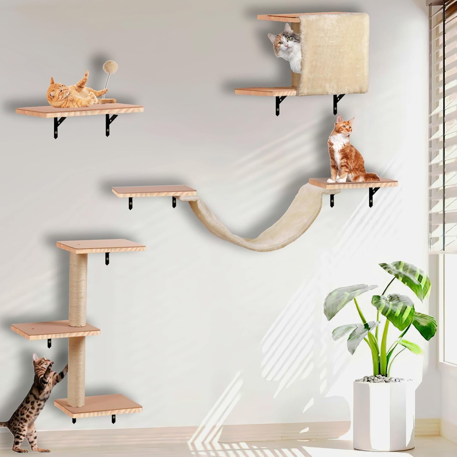 Cat Shelves for Wall，Solid Wood Cat Wall Furniture with Scratching Post ...