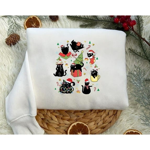 Cat Shirt, Black Cat T-Shirt, Box Sweatshirt, Festive Animals Top ...