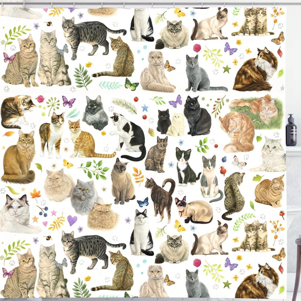 Cat Shower Curtain for Bathroom with Hooks, Cute Cartoon Colorful Kitty ...