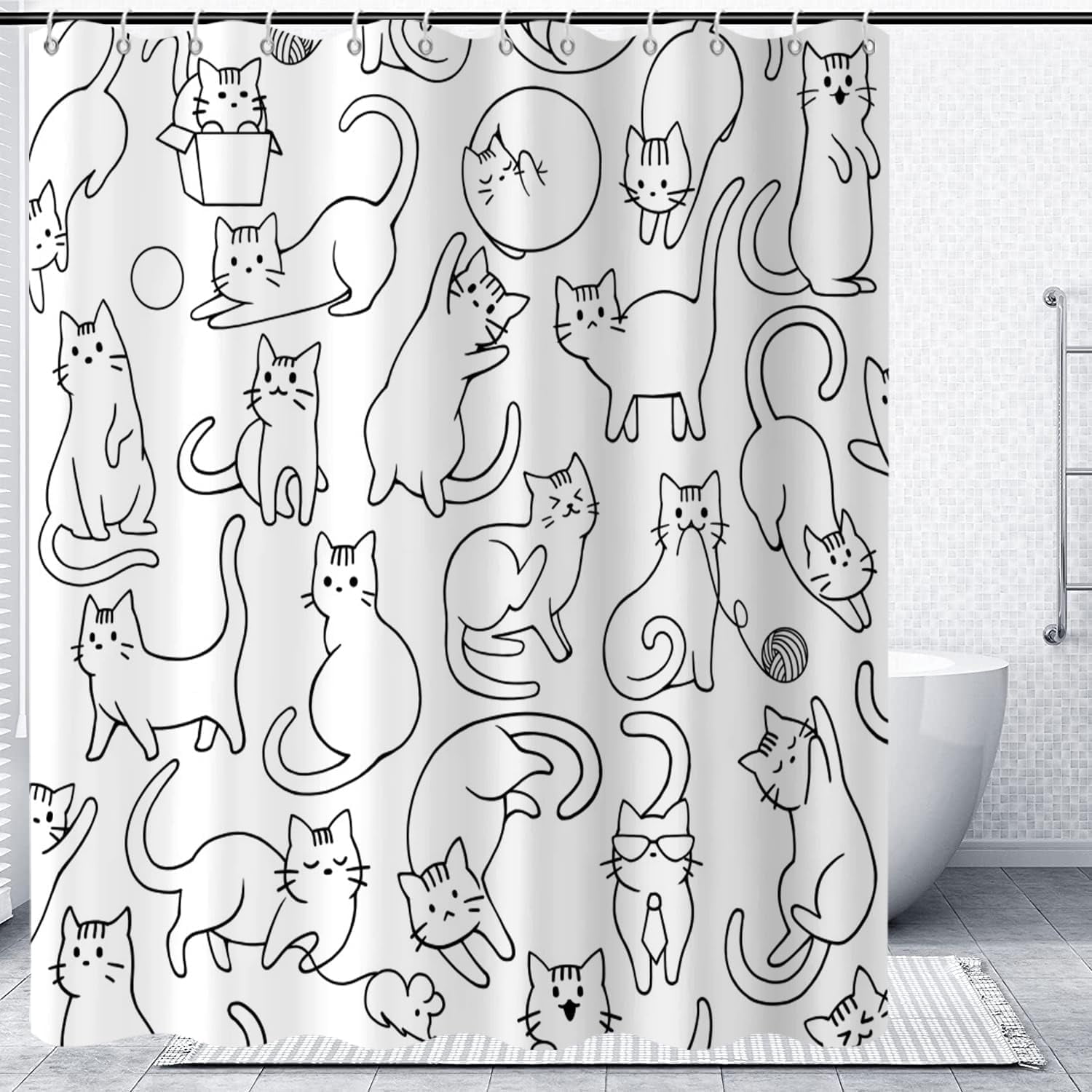 Cat Shower Curtain, Black and White Funny Cats Cute Sketching Kitten ...