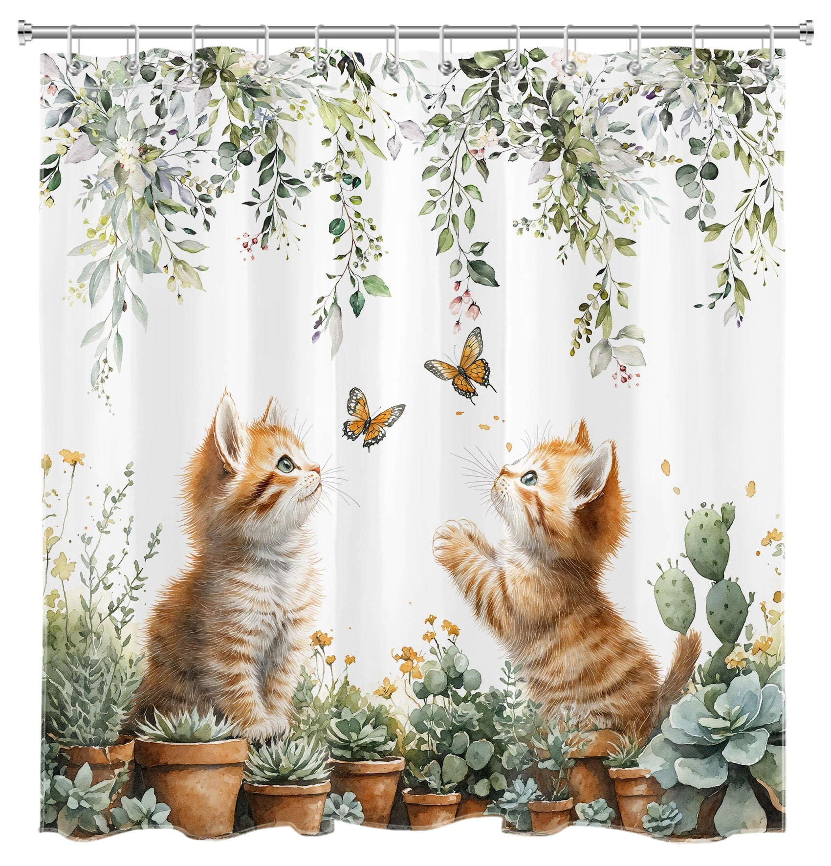 Cat Shower Curtain Cat Fluttering Butterfly Green Leaf Plants Bathroom ...