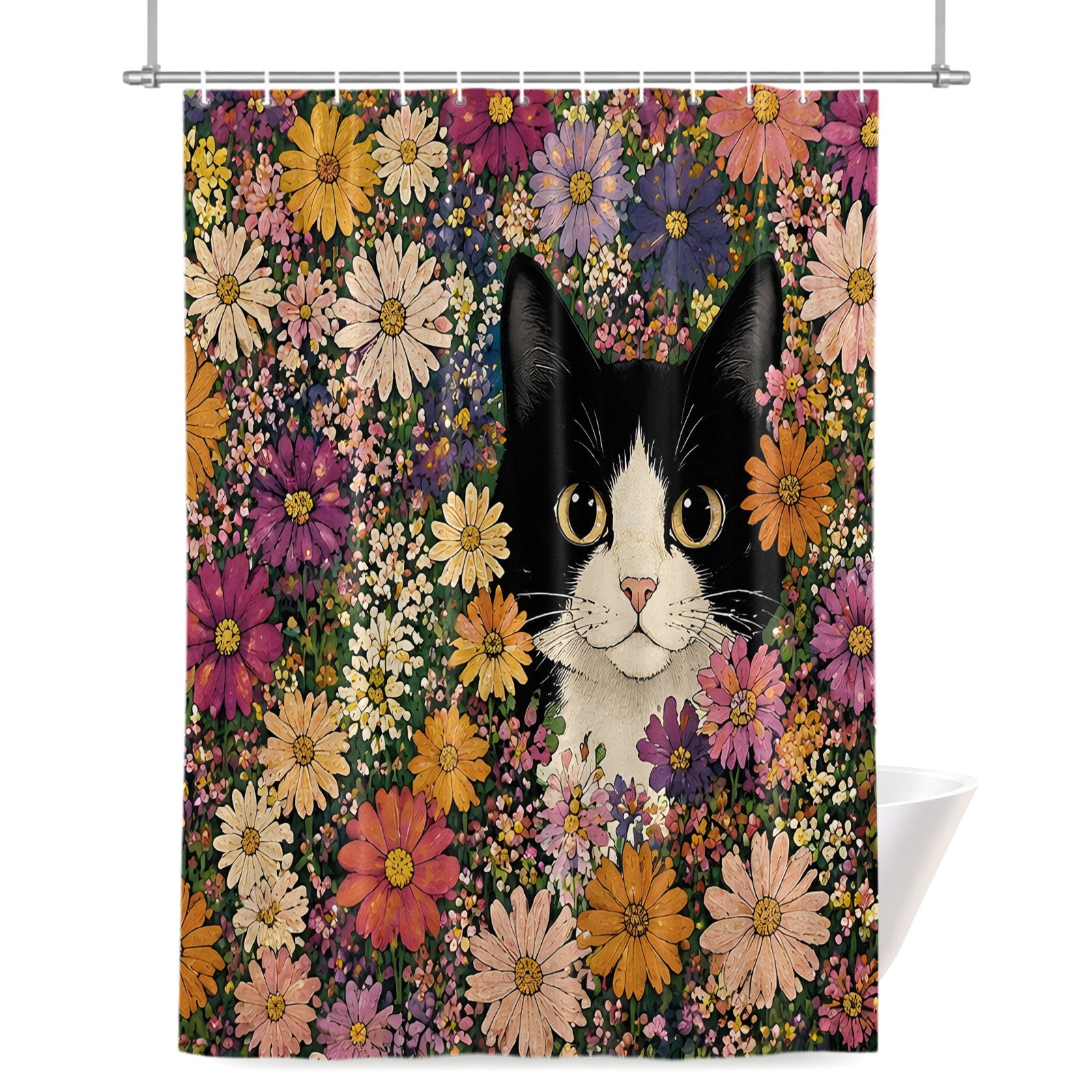 Cat Shower Curtains for Bathroom, Sunflowers Daisy Leaves Boho Floral ...