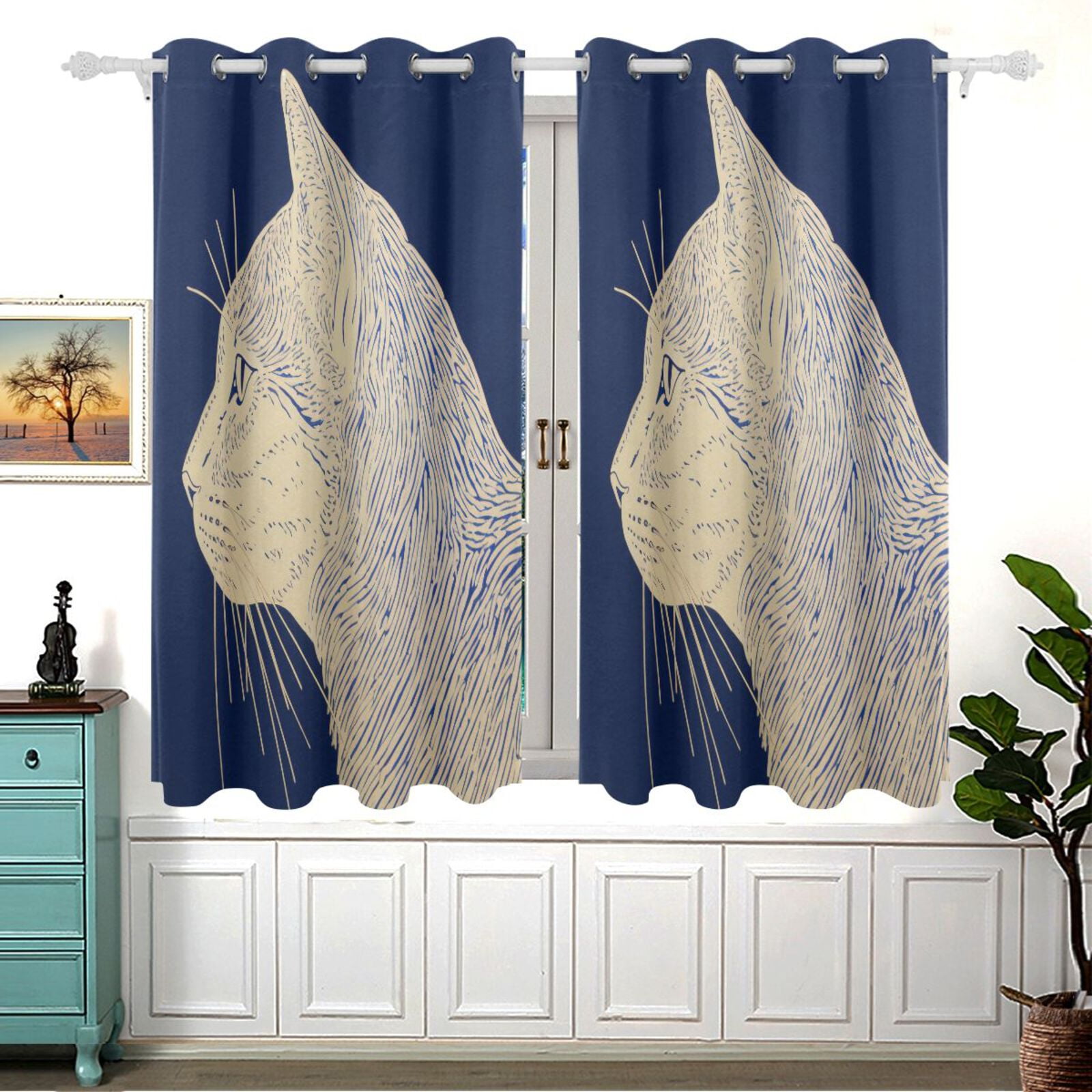 Cat Side Black Out Curtains Aesthetic for Bedroom Living Room Sliding ...