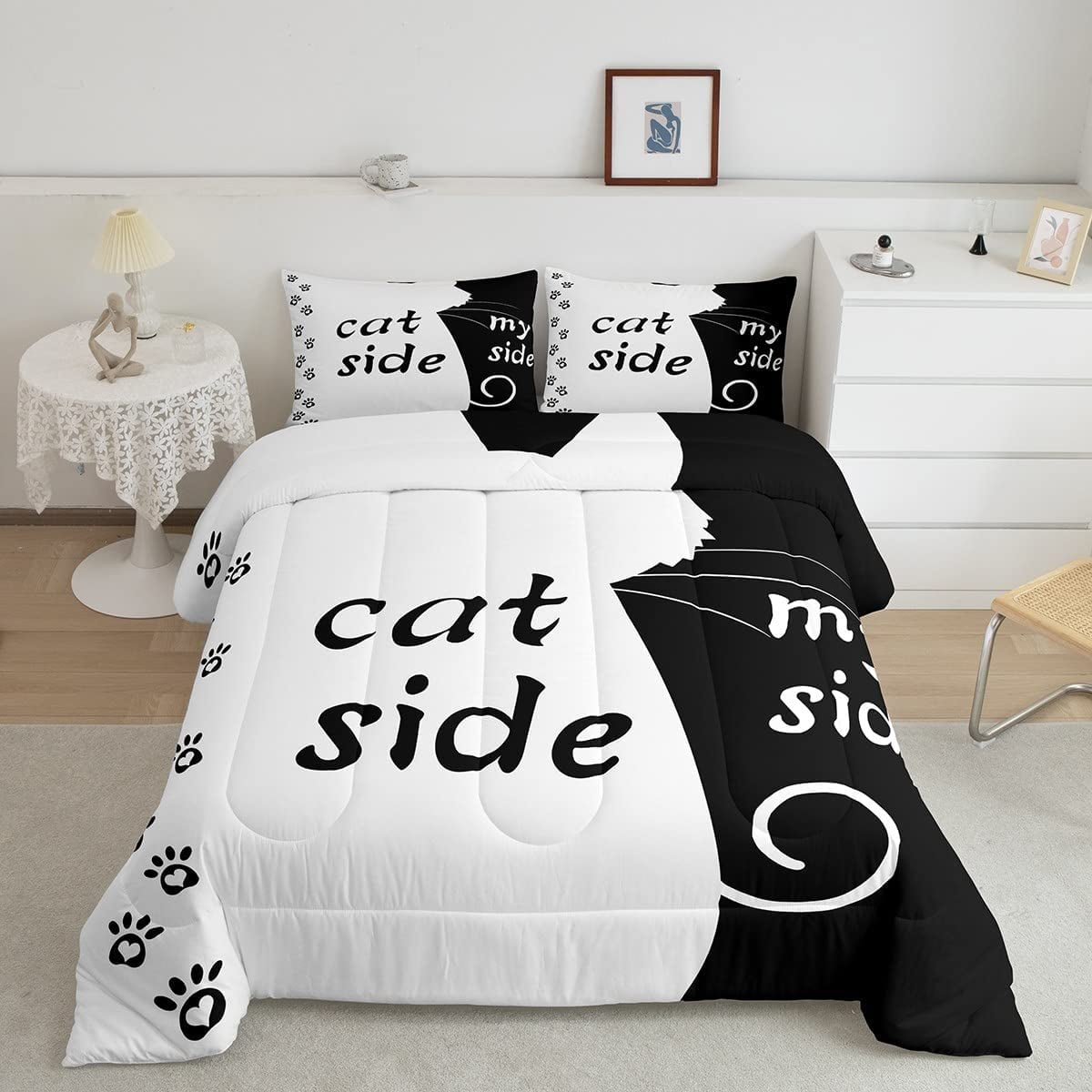 Cat Side and My Side Bedding Set Size Black White Cute Cat Comforter Set Kawaii Cute Cat Print ...