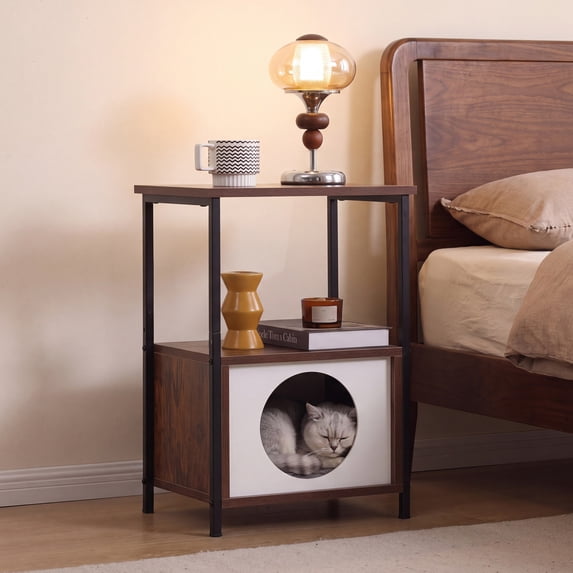 Cat Side Table with Hideaway Crate, 2-in-1 End Table with Pet Rest Area ...