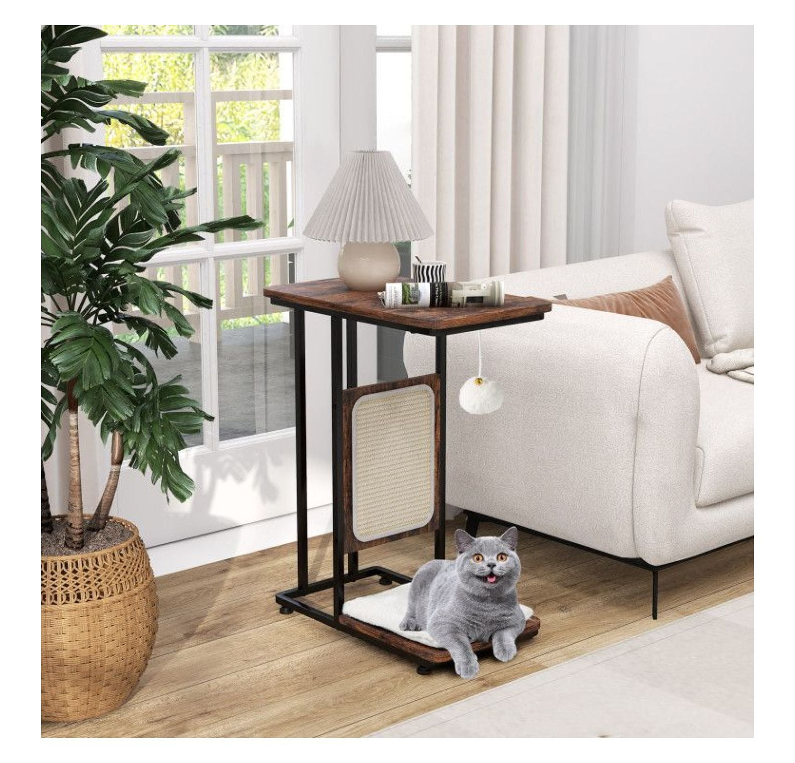 Cat Side Table with Scratching Board - C-Shaped Cat Tree, End Table ...