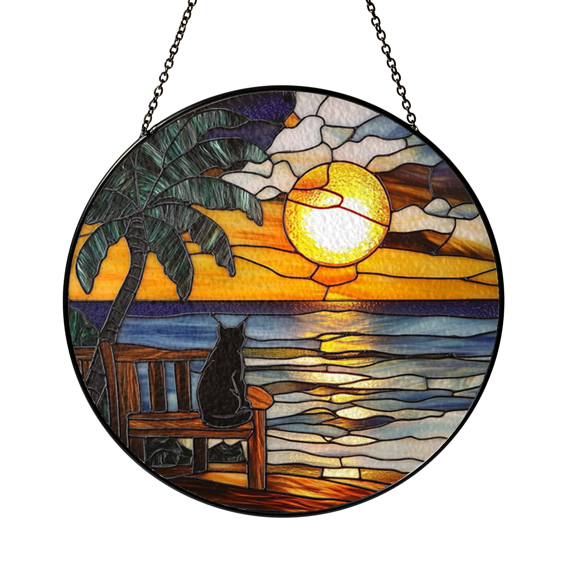 Cat Silhouette Coastal Scene Stained Glass Style Suncatcher – Round ...