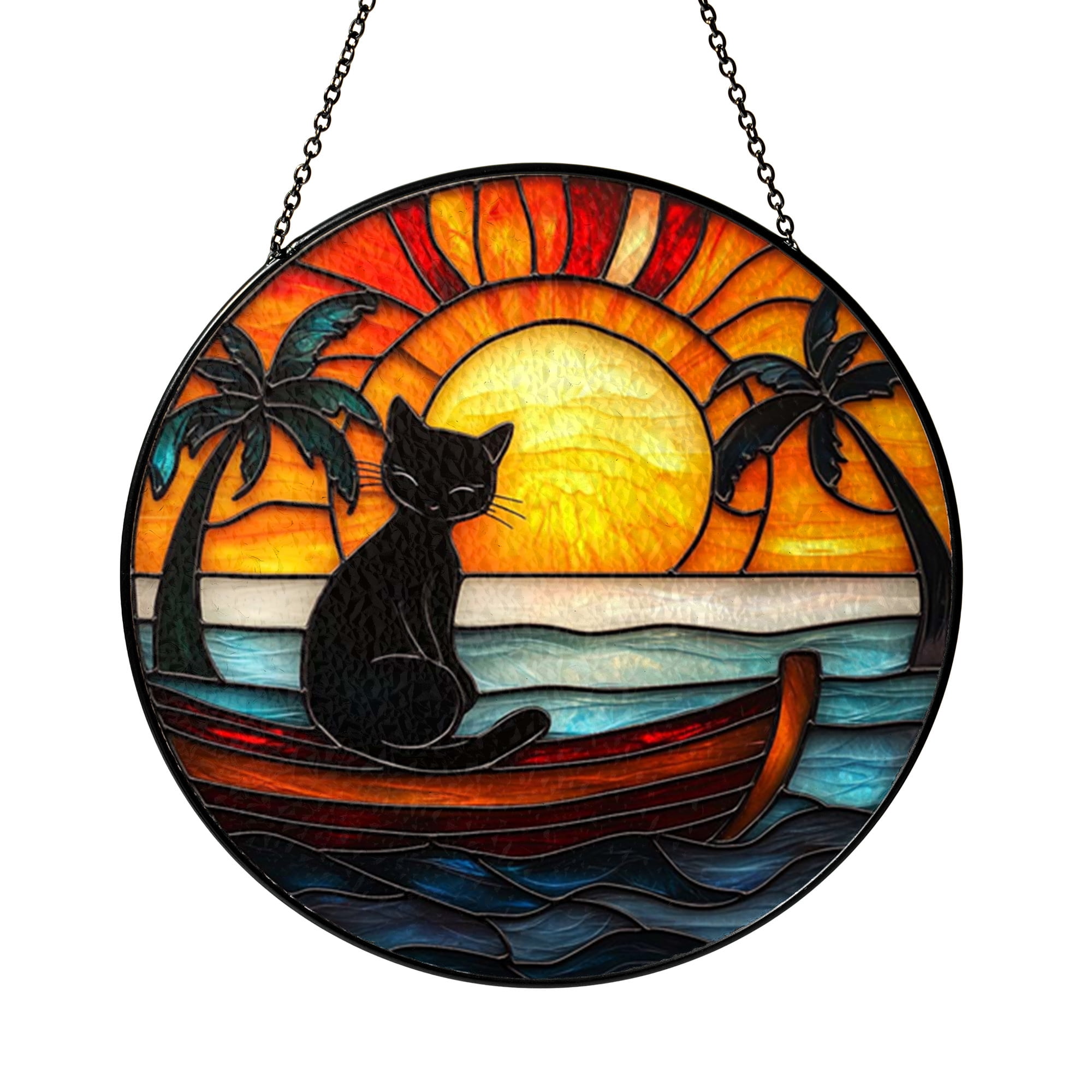 Cat Silhouette Stained Glass Suncatcher – Beach Sunset Window Art1701 ...