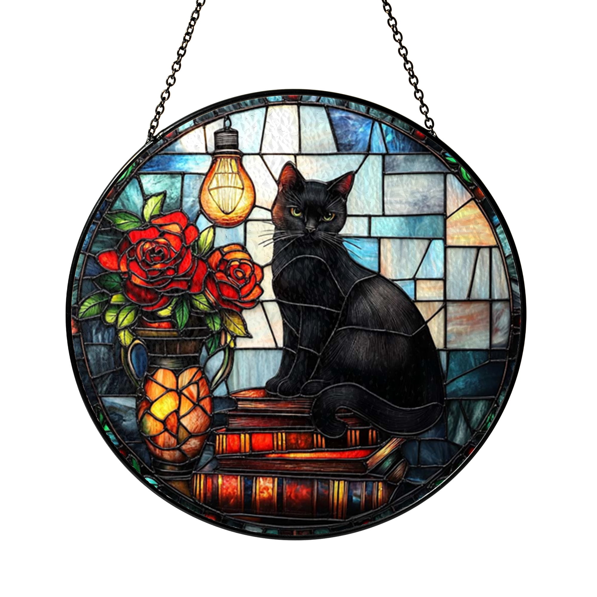 Cat Sitting on Book Stained Glass Style Window Hanging Suncatcher ...