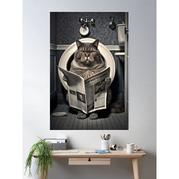 Cat Sitting On The Toilet Reading A Newspaper Poster Wall Art Modern ...