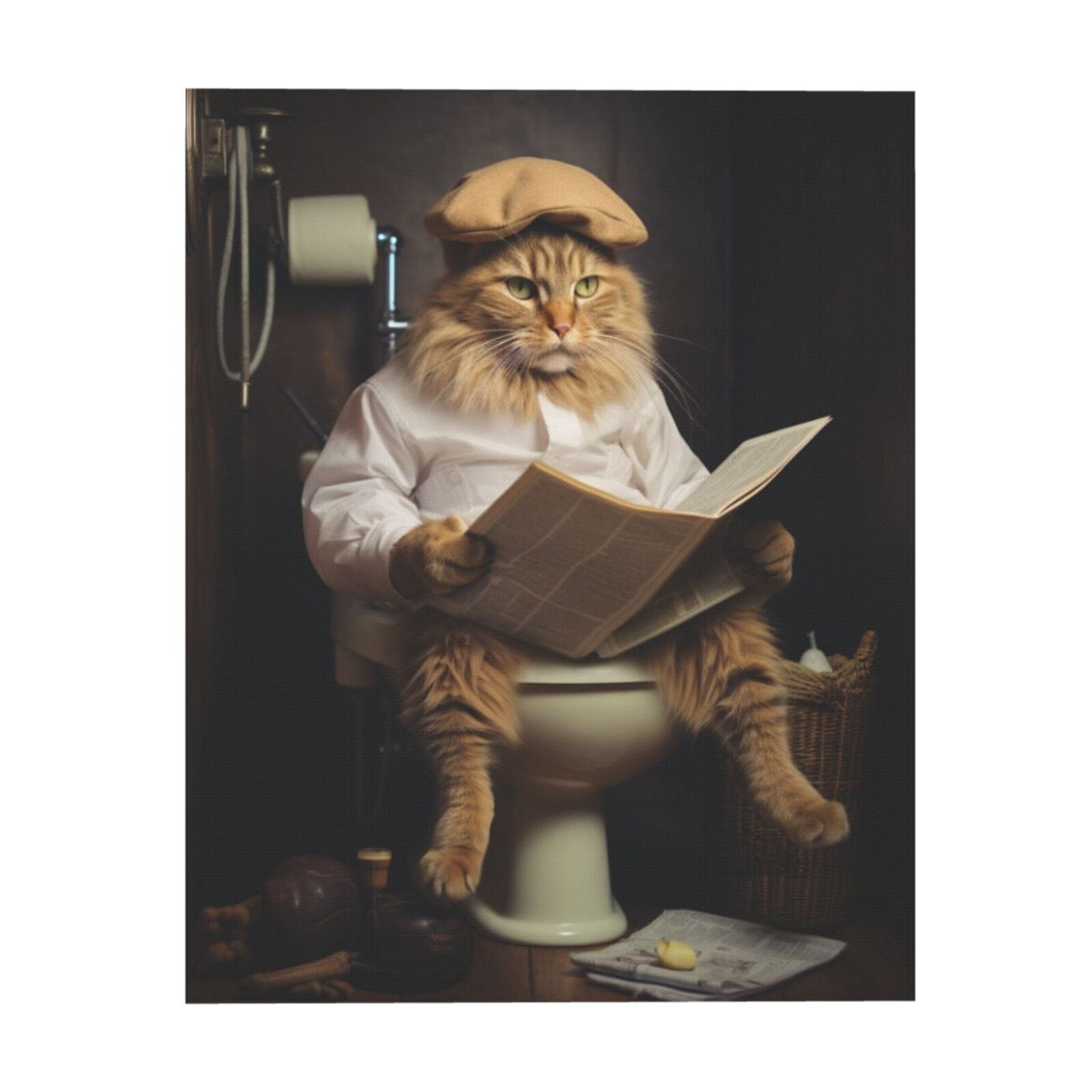 Cat Sitting On Toilet And Reading Newspaper (2) Canvas Frameless ...