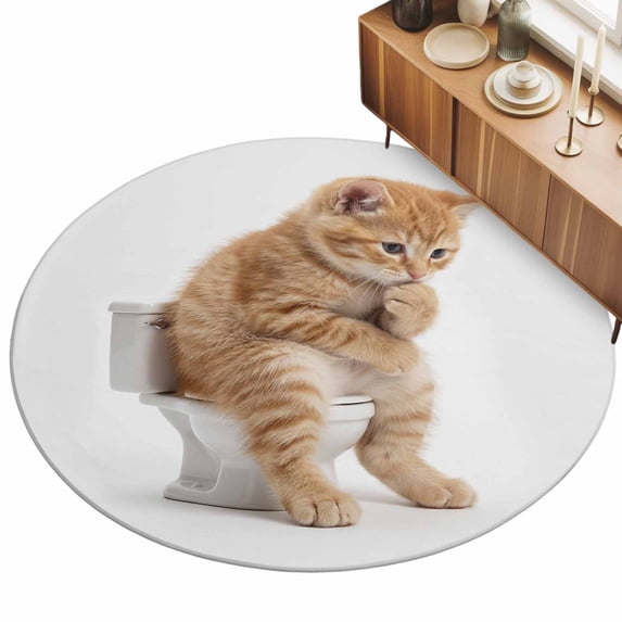 Cat Sitting on The Toilet Thinking 4ft Non Slip Round Area Rug Abstract ...