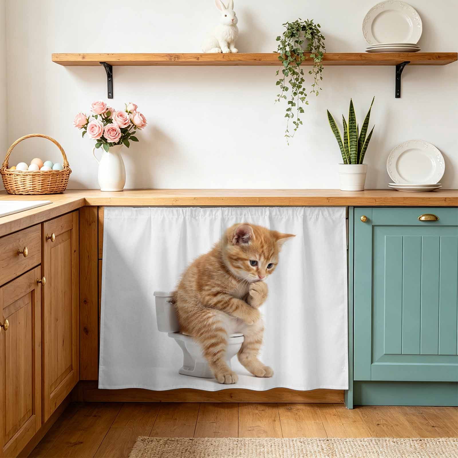 Cat Sitting on The Toilet Thinking Cabinet Curtains 11" W x 13" L ...