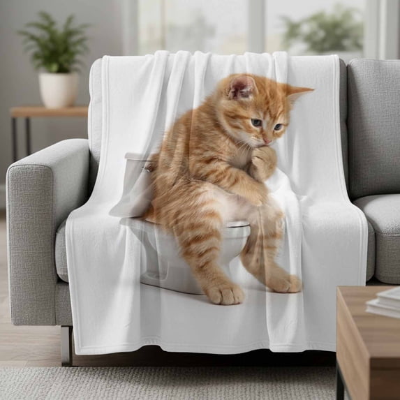 Cat Sitting on The Toilet Thinking Fleece Throw Blanket Abstract Funny ...