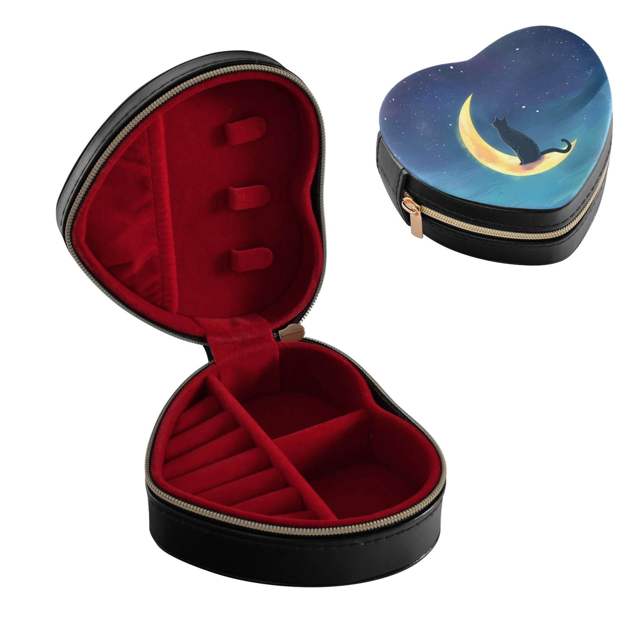 Cat Sitting on The Moon PU Leather Heart-shaped Jewelry Box Jewel Cases ...